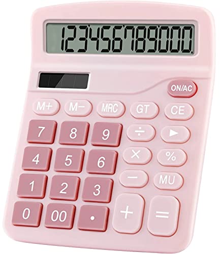 Office Desk Calculator, Cute Calculator for Kids, 12 Digits Battery Dual Power Financial Calculator with Big Button Large Display for Office Home and School (Pink)