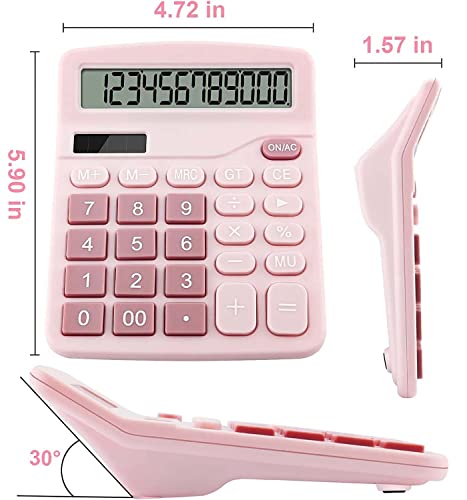 Office Desk Calculator, Cute Calculator for Kids, 12 Digits Battery Dual Power Financial Calculator with Big Button Large Display for Office Home and School (Pink)