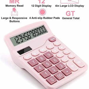 Office Desk Calculator, Cute Calculator for Kids, 12 Digits Battery Dual Power Financial Calculator with Big Button Large Display for Office Home and School (Pink)