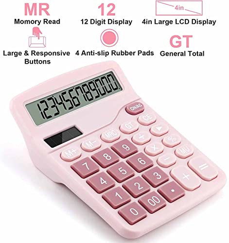 Office Desk Calculator, Cute Calculator for Kids, 12 Digits Battery Dual Power Financial Calculator with Big Button Large Display for Office Home and School (Pink)