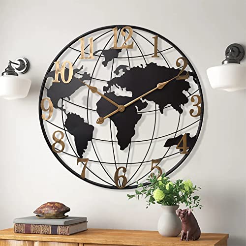 Large World Map Wall Clock, Metal Minimalist Modern Clock, Round Silent Non-Ticking Battery Operated Wall Clocks for Living Room/Home/Kitchen/Bedroom/Office/Farmhouse Decor (24 Inch)