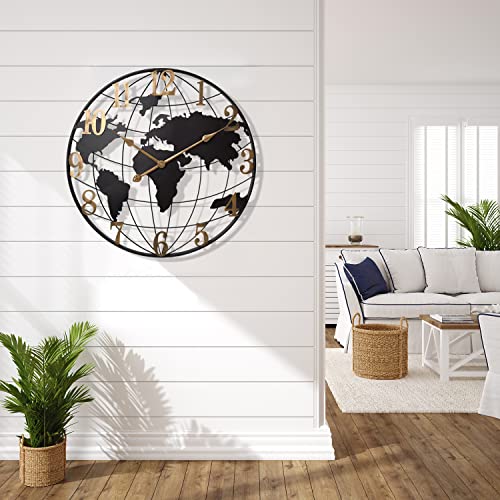 Large World Map Wall Clock, Metal Minimalist Modern Clock, Round Silent Non-Ticking Battery Operated Wall Clocks for Living Room/Home/Kitchen/Bedroom/Office/Farmhouse Decor (24 Inch)