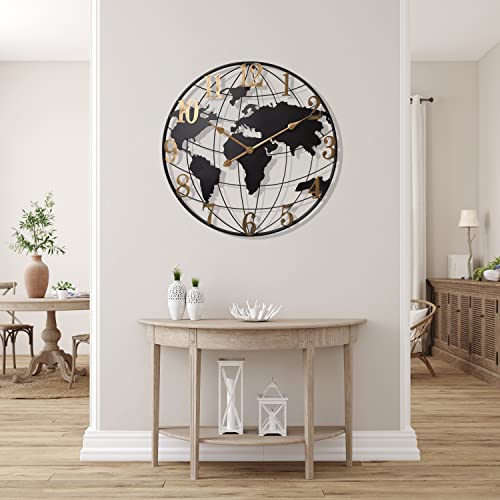 Large World Map Wall Clock, Metal Minimalist Modern Clock, Round Silent Non-Ticking Battery Operated Wall Clocks for Living Room/Home/Kitchen/Bedroom/Office/Farmhouse Decor (24 Inch)