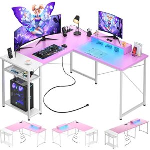 cyclysio l shaped desk with power outlets and usb ports, reversible l shaped gaming computer desk with led light, 83.5'' large 2 person desk with monitor stand, l-shaped corner desk, pink and white