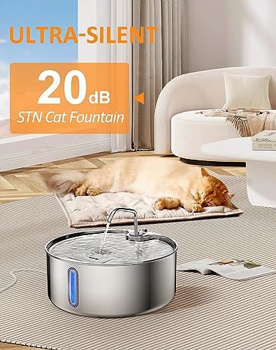 STN Cat Water Fountain 118oz/3.5L Stainless Steel Cat Fountain with Water Level Window,Ultra-Quiet and Durable Pump,3 Replacement Filters