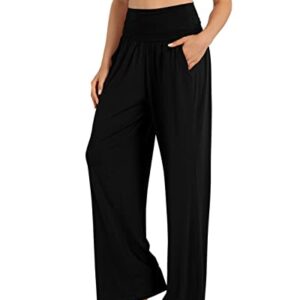 ODODOS Women's Wide Leg Palazzo Lounge Pants with Pockets Light Weight Loose Comfy Casual Pajama Pants-28 inseam, Black, Large