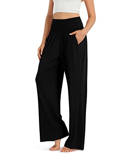 ODODOS Women's Wide Leg Palazzo Lounge Pants with Pockets Light Weight Loose Comfy Casual Pajama Pants-28 inseam, Black, Large