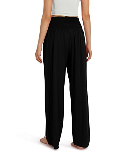 ODODOS Women's Wide Leg Palazzo Lounge Pants with Pockets Light Weight Loose Comfy Casual Pajama Pants-28 inseam, Black, Large