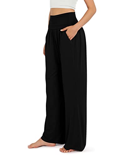 ODODOS Women's Wide Leg Palazzo Lounge Pants with Pockets Light Weight Loose Comfy Casual Pajama Pants-28 inseam, Black, Large