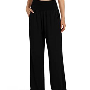 ODODOS Women's Wide Leg Palazzo Lounge Pants with Pockets Light Weight Loose Comfy Casual Pajama Pants-28 inseam, Black, Large