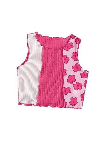 SOLY HUX Girls Colorblock & Floral Print Ribbed Knit Tank Top Cute Clothes Fashion 2023 White and Pink 10Y