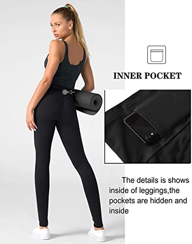 KNITI Black Thick High Waist Yoga Pants with Pockets - Tummy Control Workout Running Yoga Leggings for Women (as1, Alpha, l, Regular, Regular, Black)