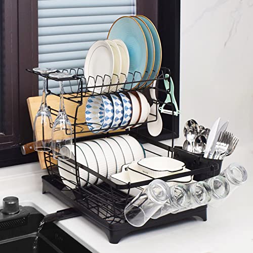 Royacon Dish Drying Rack for Kitchen Counter, 3 Tier Dish Rack with Drainboard Set, Stainless Steel Dish Drainers with Utensil Holder, Extra Large Dish Strainer for Kitchen