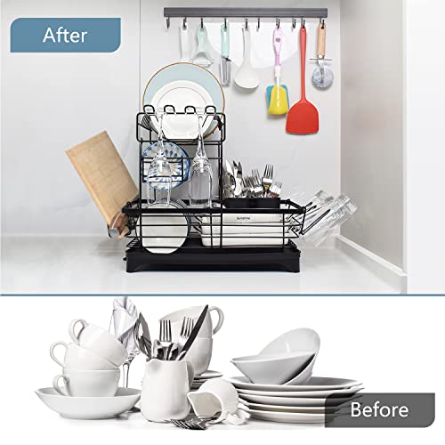 Royacon Dish Drying Rack for Kitchen Counter, 3 Tier Dish Rack with Drainboard Set, Stainless Steel Dish Drainers with Utensil Holder, Extra Large Dish Strainer for Kitchen