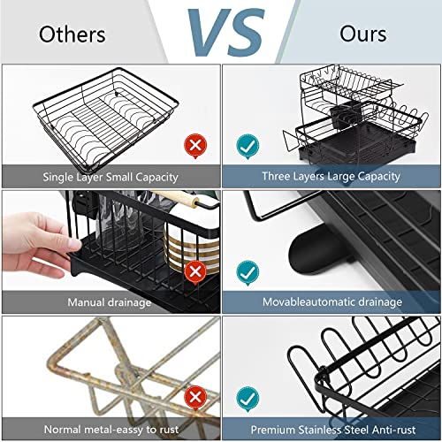 Royacon Dish Drying Rack for Kitchen Counter, 3 Tier Dish Rack with Drainboard Set, Stainless Steel Dish Drainers with Utensil Holder, Extra Large Dish Strainer for Kitchen