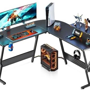 MOTPK L Shaped Gaming Desk, 51 Inch Gaming Computer Desk with Carbon Fiber Texture, Gaming Table with Monitor Stand, Gamer Desk with Cup Holder and Headphone Hook, L Desk for Gaming, Black