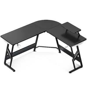 MOTPK L Shaped Gaming Desk, 51 Inch Gaming Computer Desk with Carbon Fiber Texture, Gaming Table with Monitor Stand, Gamer Desk with Cup Holder and Headphone Hook, L Desk for Gaming, Black