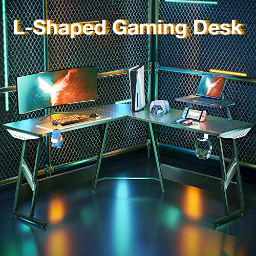 MOTPK L Shaped Gaming Desk, 51 Inch Gaming Computer Desk with Carbon Fiber Texture, Gaming Table with Monitor Stand, Gamer Desk with Cup Holder and Headphone Hook, L Desk for Gaming, Black