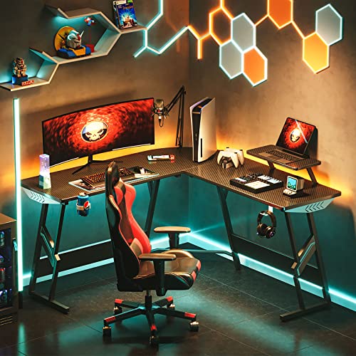 MOTPK L Shaped Gaming Desk, 51 Inch Gaming Computer Desk with Carbon Fiber Texture, Gaming Table with Monitor Stand, Gamer Desk with Cup Holder and Headphone Hook, L Desk for Gaming, Black