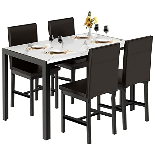 tantohom Dining Table Set for 4, Modern Kitchen Table and Chairs for 4, 5 Pieces Dining Room Table Set with Upholstered PU Leather Chairs for Small Spaces, Apartment, Dinette, Home Furniture, White