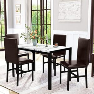 tantohom Dining Table Set for 4, Modern Kitchen Table and Chairs for 4, 5 Pieces Dining Room Table Set with Upholstered PU Leather Chairs for Small Spaces, Apartment, Dinette, Home Furniture, White