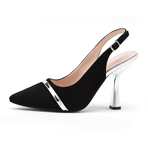 Frank Mully Women's Slingback Pumps Closed Pointed Toe Formal Party Wedding Dress Shoes Ankle Strap Slip On High Heel Sandals Black/Suede