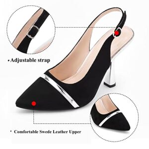 Frank Mully Women's Slingback Pumps Closed Pointed Toe Formal Party Wedding Dress Shoes Ankle Strap Slip On High Heel Sandals Black/Suede