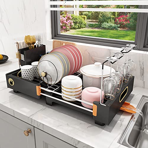 slhsy Expandable Dish Drying Rack, with Swivel Spout Drainboard Set & Extra Drying Mat, Dish Racks with Wine Glass Holder & Utensil Holder, Kitchen Organization Gadgets & Decor, Gifts for Family