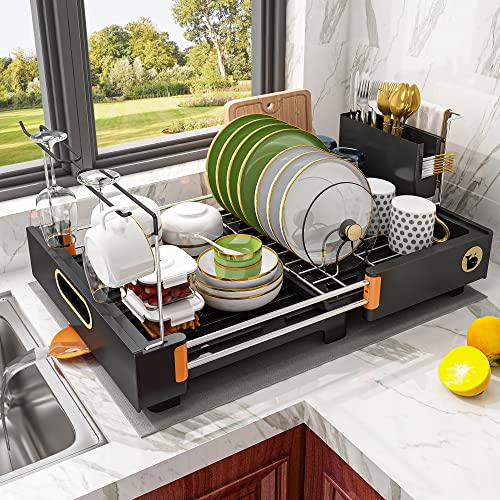 slhsy Expandable Dish Drying Rack, with Swivel Spout Drainboard Set & Extra Drying Mat, Dish Racks with Wine Glass Holder & Utensil Holder, Kitchen Organization Gadgets & Decor, Gifts for Family