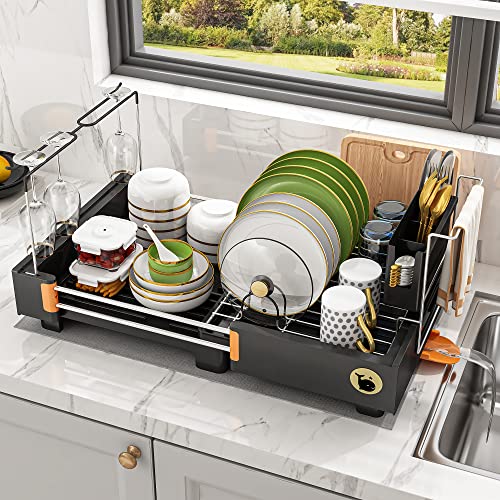 slhsy Expandable Dish Drying Rack, with Swivel Spout Drainboard Set & Extra Drying Mat, Dish Racks with Wine Glass Holder & Utensil Holder, Kitchen Organization Gadgets & Decor, Gifts for Family