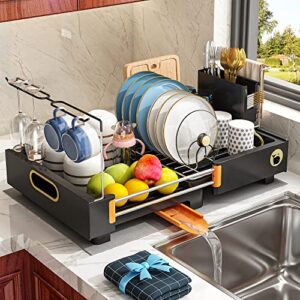 slhsy Expandable Dish Drying Rack, with Swivel Spout Drainboard Set & Extra Drying Mat, Dish Racks with Wine Glass Holder & Utensil Holder, Kitchen Organization Gadgets & Decor, Gifts for Family