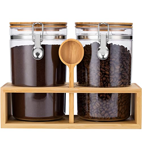 Youngcafe 2Pcs Coffee Sugar Canisters with Shelf, 58OZ Plastics Storage Containers for Ground Coffee Bean Storage with Lid Airtight Locking Clamp and Coffee Scoop, Food Storage Jar for Kitchen