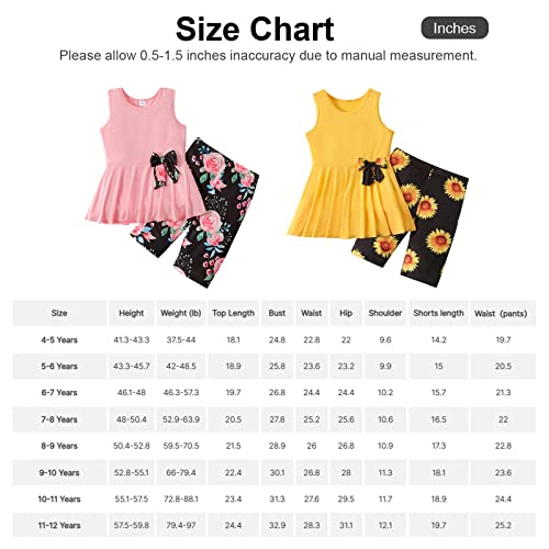 PATPAT 2pcs Kid Girl Ruffled Bowknot Design High Low Sleeveless Tee and Floral Print Short Pant Set, Pink, 7-8 Years