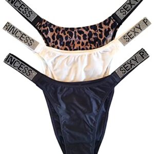 Underella Brazilian Sexy Thong Panties with Rhinestone Straps 3-Pack (Black + White + Animal Print, Large)