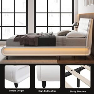 HOSTACK Queen Size Upholstered Bed Frame with Smart LED, PU Low Profile Sleigh Platform Bed with Adjustable Headboard, Modern Mattress Foundation with Wood Slats, Lights Sync With Music (White, Queen)