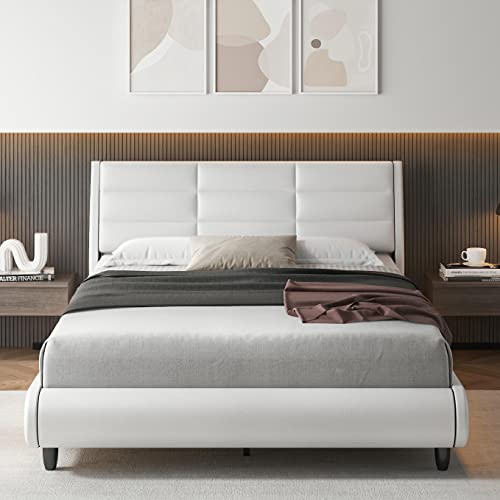 HOSTACK Queen Size Upholstered Bed Frame with Smart LED, PU Low Profile Sleigh Platform Bed with Adjustable Headboard, Modern Mattress Foundation with Wood Slats, Lights Sync With Music (White, Queen)