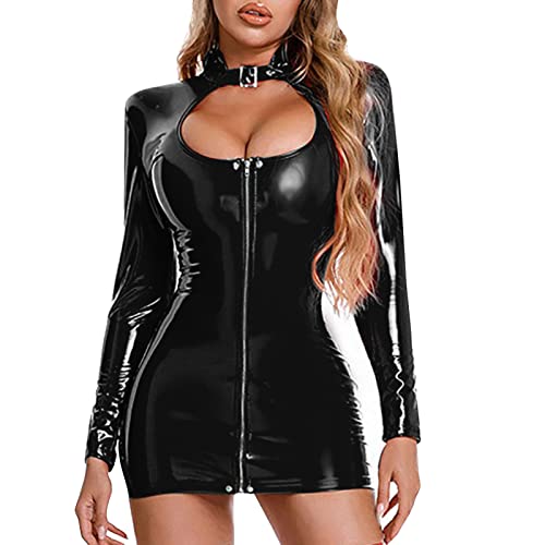 Plus Size Lingerie for Women Pu Leather Strappy Babydolls Outfits Sexy Latex Two Piece Bra with Skirts Set Chemise