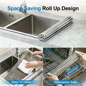 CSUNNUFA Roll Up Dish Drying Rack, 12"-21" Expandable Over The Sink Dish Drying Rack Sink Dish Drainer, Portable Stainless Steel Rolling Drying Rack for Kitchen Sink (21"x14.6", Grey)