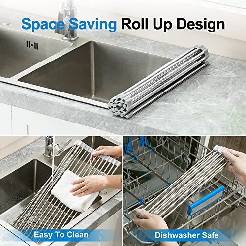 CSUNNUFA Roll Up Dish Drying Rack, 12"-21" Expandable Over The Sink Dish Drying Rack Sink Dish Drainer, Portable Stainless Steel Rolling Drying Rack for Kitchen Sink (21"x14.6", Grey)