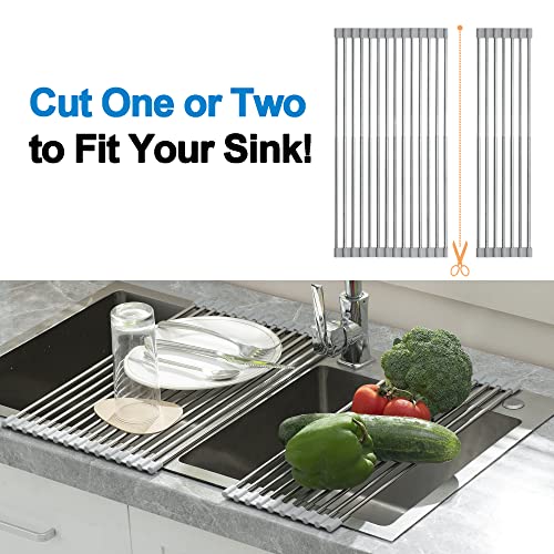 CSUNNUFA Roll Up Dish Drying Rack, 12"-21" Expandable Over The Sink Dish Drying Rack Sink Dish Drainer, Portable Stainless Steel Rolling Drying Rack for Kitchen Sink (21"x14.6", Grey)