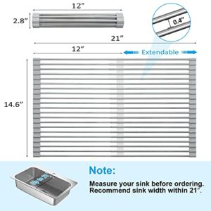 CSUNNUFA Roll Up Dish Drying Rack, 12"-21" Expandable Over The Sink Dish Drying Rack Sink Dish Drainer, Portable Stainless Steel Rolling Drying Rack for Kitchen Sink (21"x14.6", Grey)