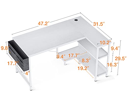 ODK Small L Shaped Computer Desk, 55 Inch Corner Desk with Reversible Storage Shelves & PC Stand for Home Office Workstation, Modern Simple Writing Study Table with Storage Bag for Small Space, White