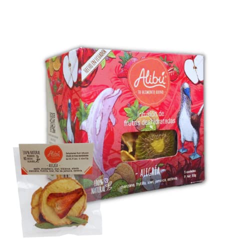 Alibú Dried Fruit Tea Infusions - Alegria - Strawberry, Apple, Kiwi, Hibiscus – Certified Vegan, 100% Natural, Hot or Iced, Caffeine Free, Eat or Drink - Box of 2.12 oz