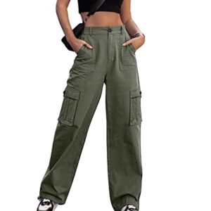 ZMPSIISA Women High Waisted Cargo Pants Wide Leg Casual Pants 6 Pockets Combat Military Trousers(Green,Medium)