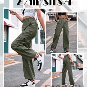 ZMPSIISA Women High Waisted Cargo Pants Wide Leg Casual Pants 6 Pockets Combat Military Trousers(Green,Medium)