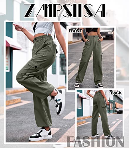 ZMPSIISA Women High Waisted Cargo Pants Wide Leg Casual Pants 6 Pockets Combat Military Trousers(Green,Medium)