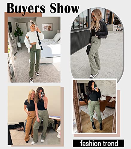 ZMPSIISA Women High Waisted Cargo Pants Wide Leg Casual Pants 6 Pockets Combat Military Trousers(Green,Medium)