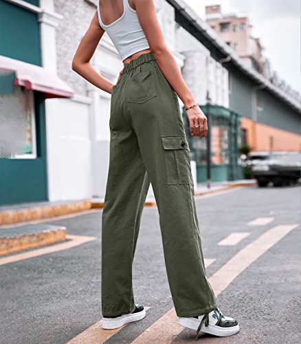 ZMPSIISA Women High Waisted Cargo Pants Wide Leg Casual Pants 6 Pockets Combat Military Trousers(Green,Medium)