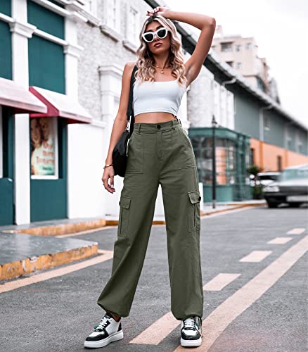 ZMPSIISA Women High Waisted Cargo Pants Wide Leg Casual Pants 6 Pockets Combat Military Trousers(Green,Medium)