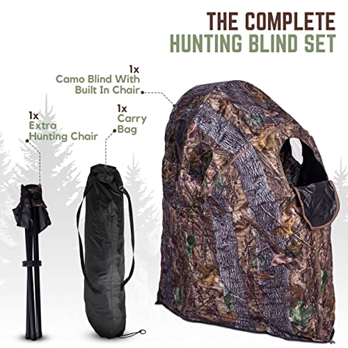 Camouflage Hunting Blind - 1 Person Ground Blind & Chair for Deer & Turkey Hunting I Durable Pop Up Hunting Tent with 5 See Through Windows, Blackout Lining, Carry Bag & Lightweight, Waterproof Fabric